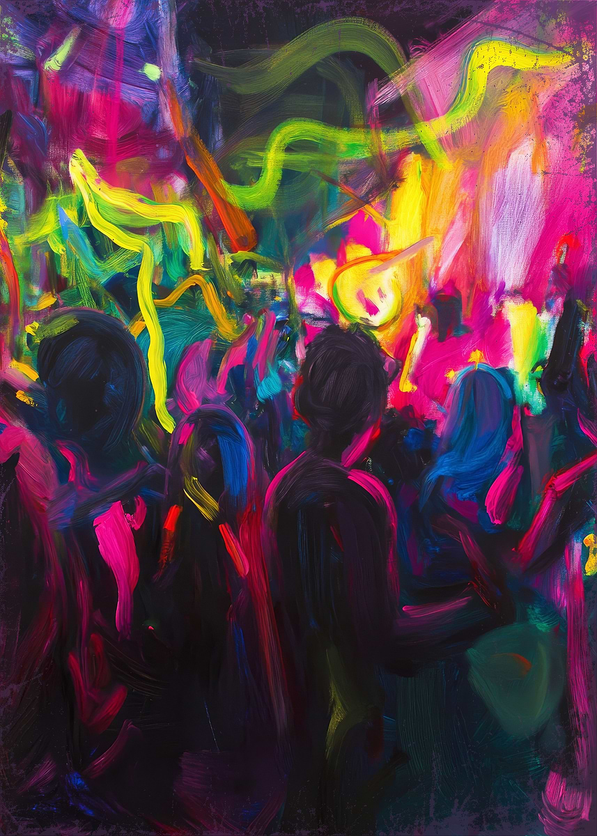 'Vibrant Nightclub Scene' Poster, picture, metal print, paint by ...