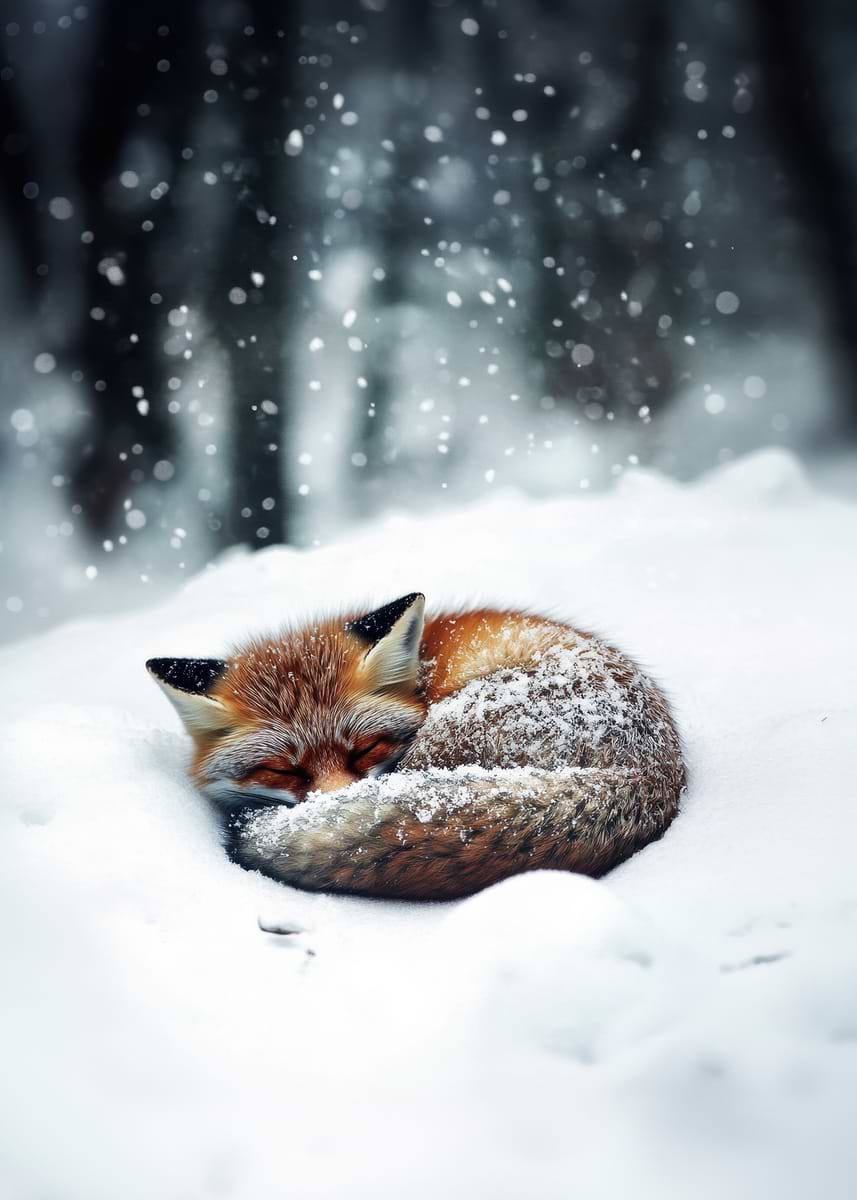 'Sleeping Fox in Winter Snowfall' Poster, picture, metal print, paint ...