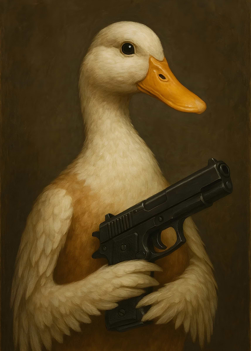 'Duck with a Gun' Poster, picture, metal print, paint by Reda | Displate
