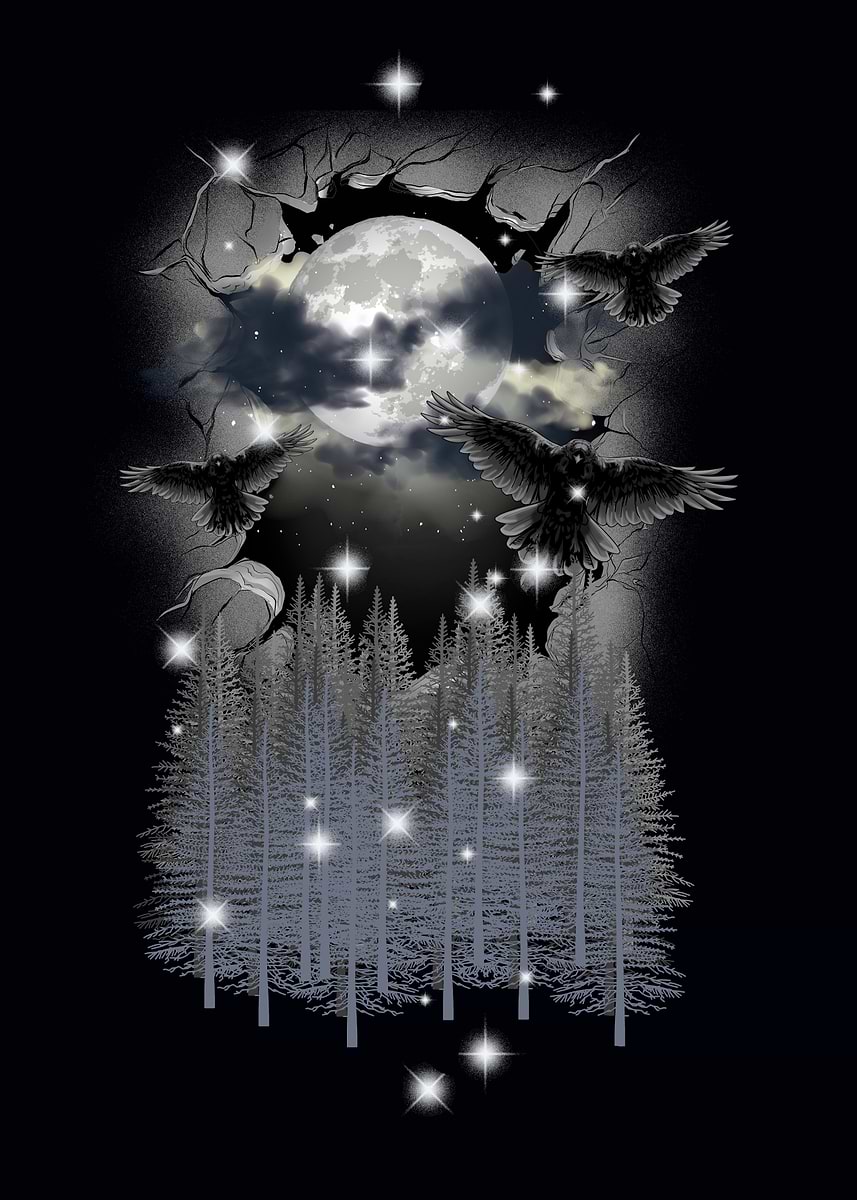 'Ravens, Moon, and Forest Nightscape' Poster, picture, metal print ...