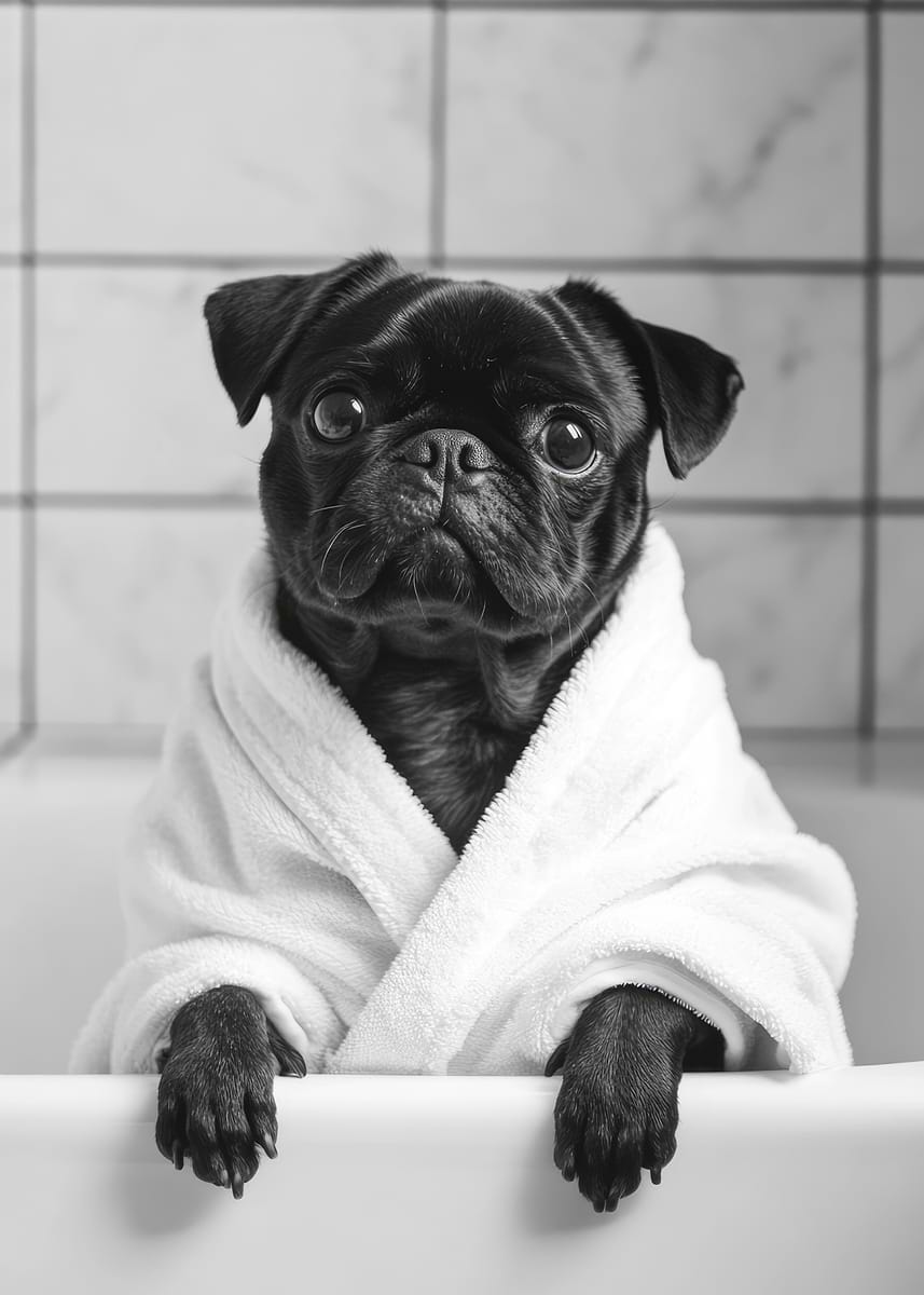 'Pug in Robe Funny Bathroom Poster' Poster, picture, metal print, paint ...