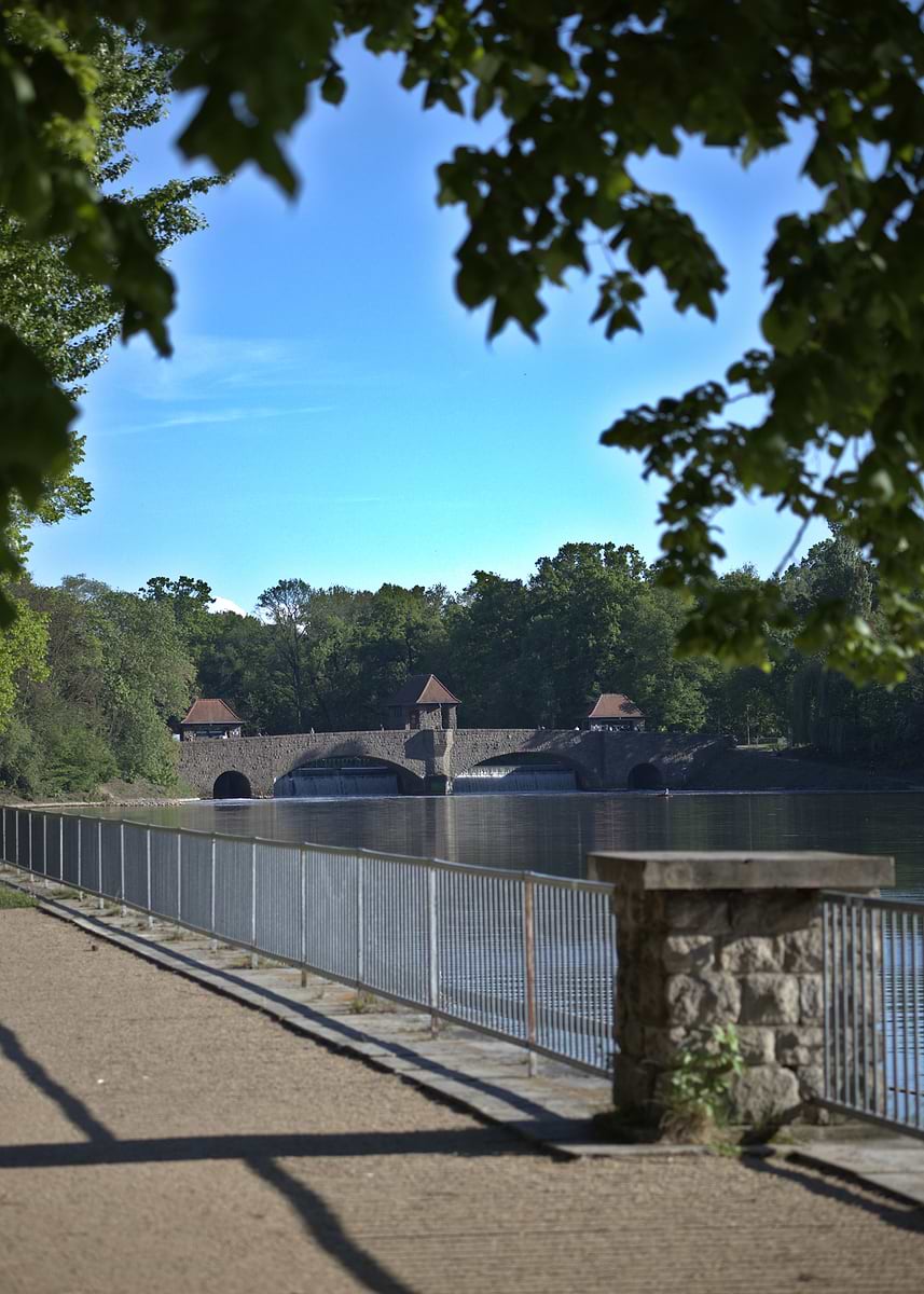 'Bridge over water with trees around' Poster, picture, metal print ...