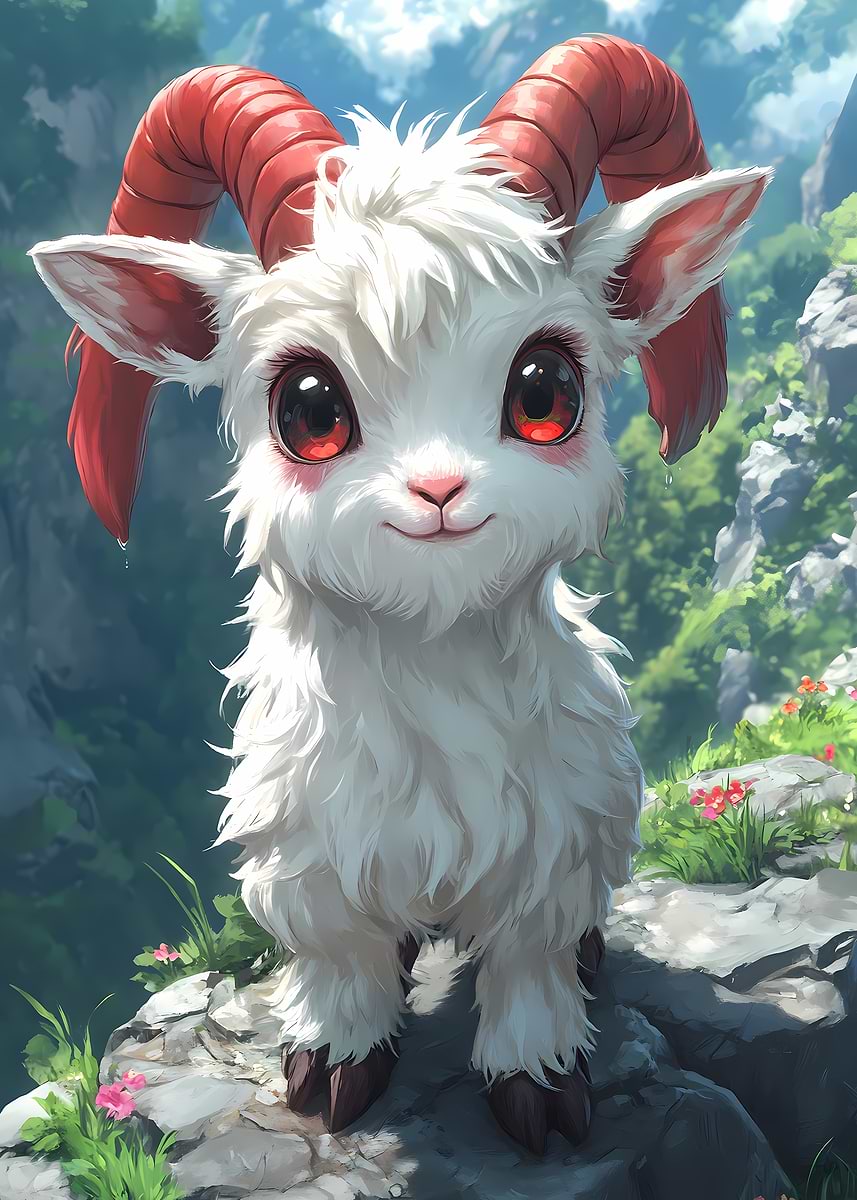 'Cute Cartoon Goat in Mountain Landscape' Poster, picture, metal print ...