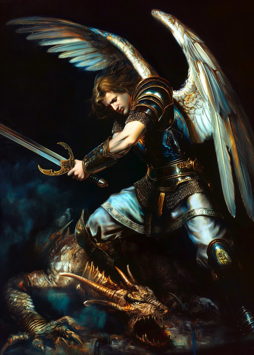 'Angel Warrior Slaying Dragon' Poster, picture, metal print, paint by ...