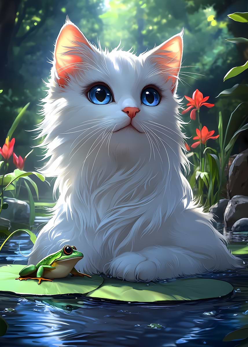 'White Cat and Frog in Pond' Poster, picture, metal print, paint by ...