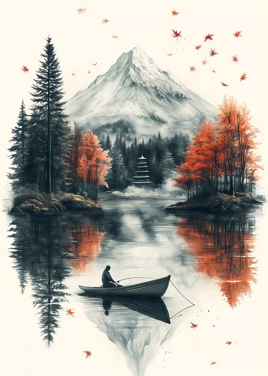 'Serene Lake Scene with Mountain and Boat' Poster, picture, metal print ...