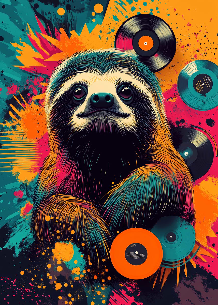 'Colorful Sloth with Vinyl Records | Happy Sloth Vibes' Poster, picture ...