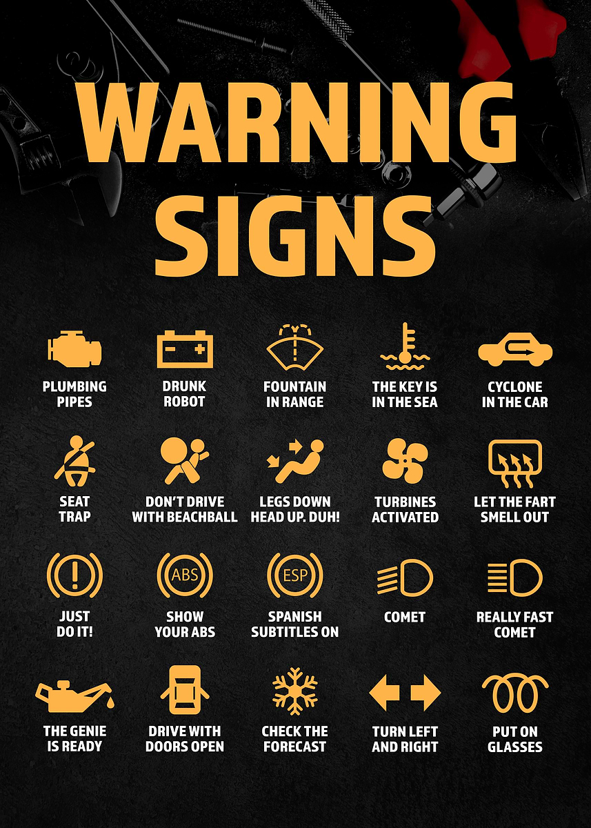 'Funny Car Warning Signs Dashboard Icons' Poster, picture, metal print ...
