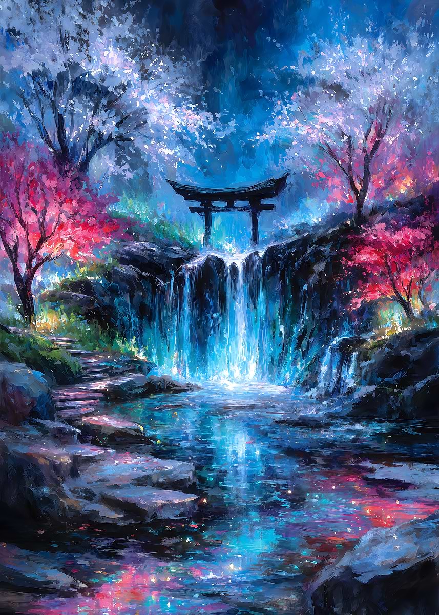 'Mystical Waterfall with Torii Gate' Poster, picture, metal print ...