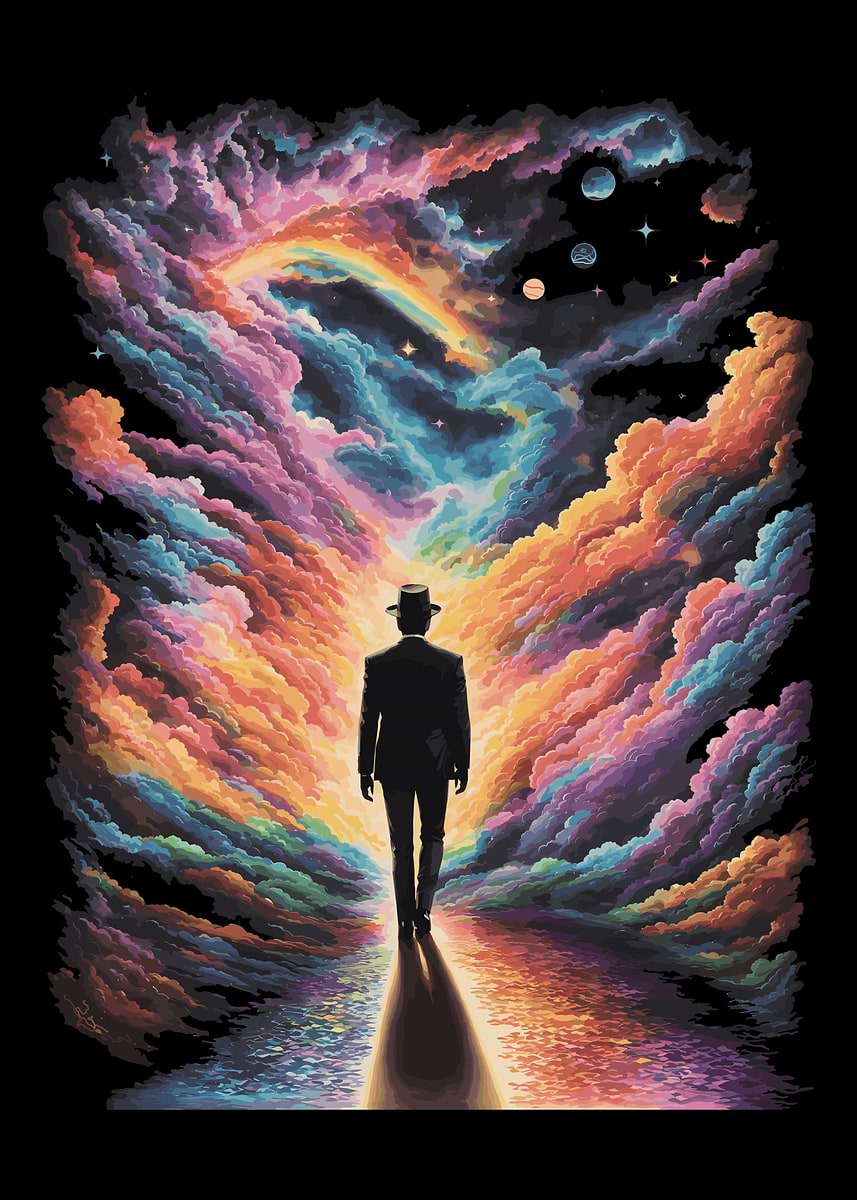 'Man Walking Through Colorful Galaxy of Clouds' Poster, picture, metal ...