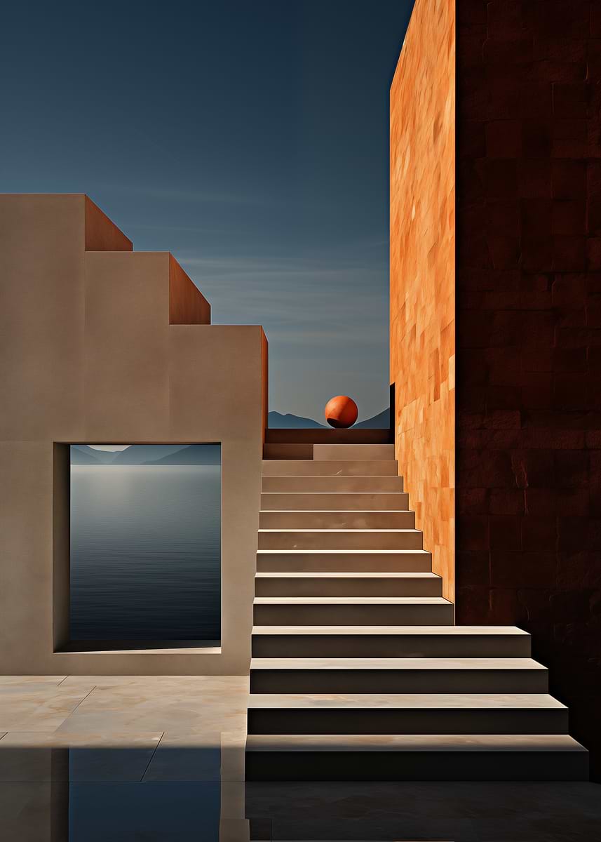 'Architectural Staircase with Orange Sphere' Poster, picture, metal ...
