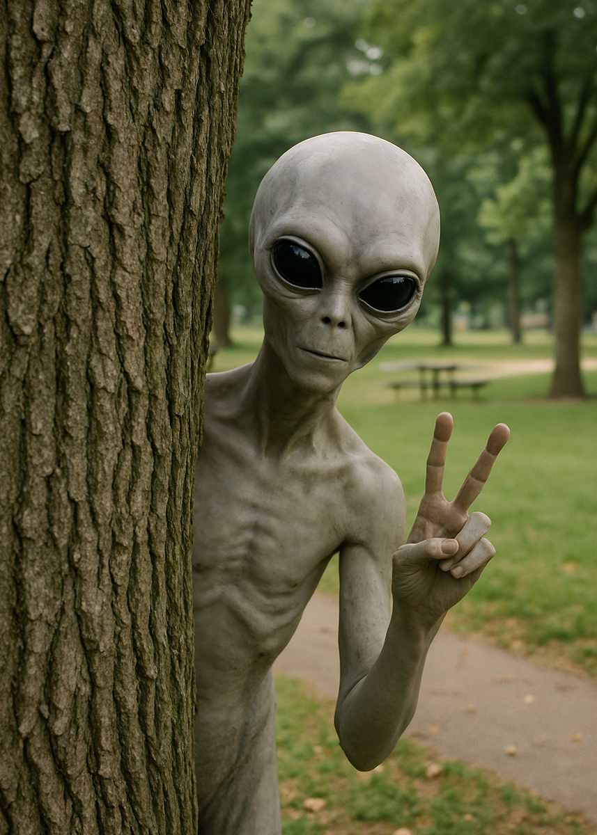 'Alien Peeking with Peace Sign' Poster, picture, metal print, paint by ...