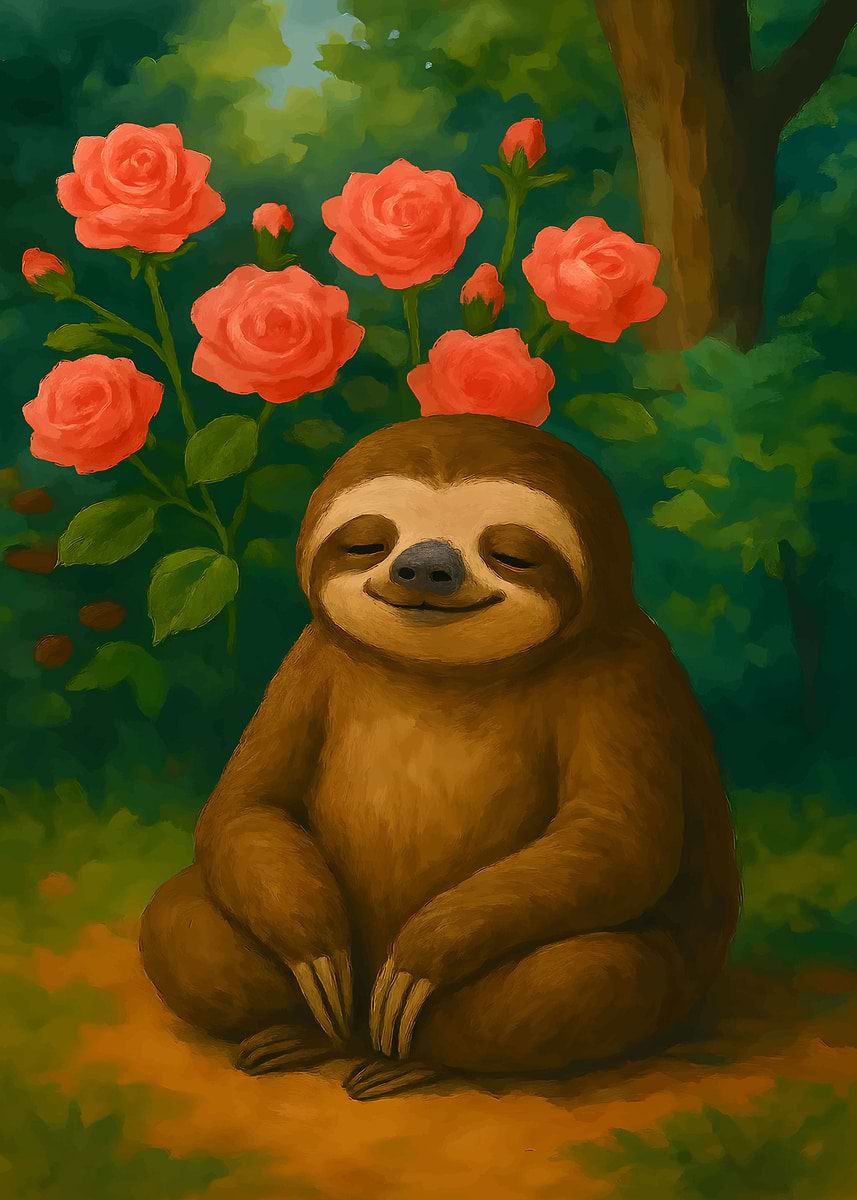 'Meditating Sloth with Roses' Poster, picture, metal print, paint by ...