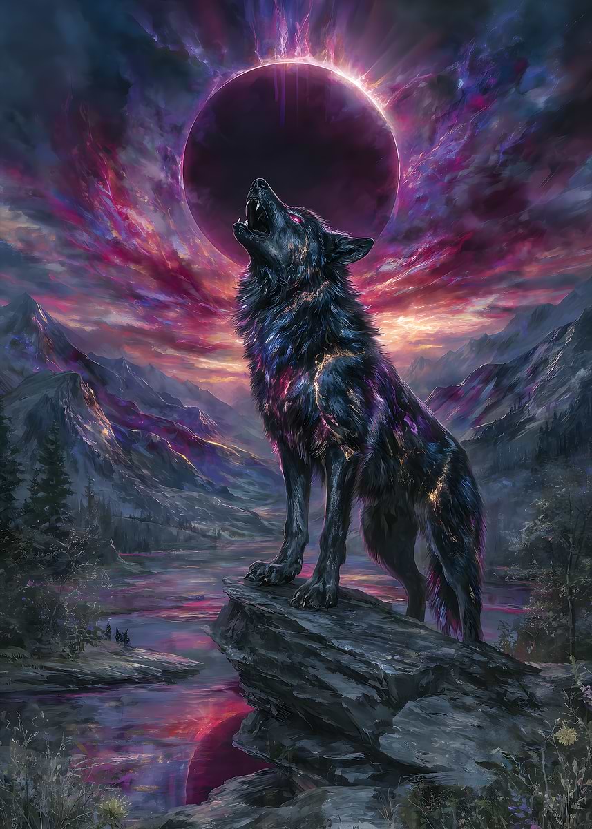 'Howling Wolf Eclipse Fantasy Art' Poster, picture, metal print, paint ...