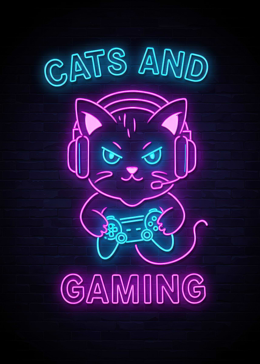 'Cats and Gaming Neon Sign' Poster, picture, metal print, paint by ...