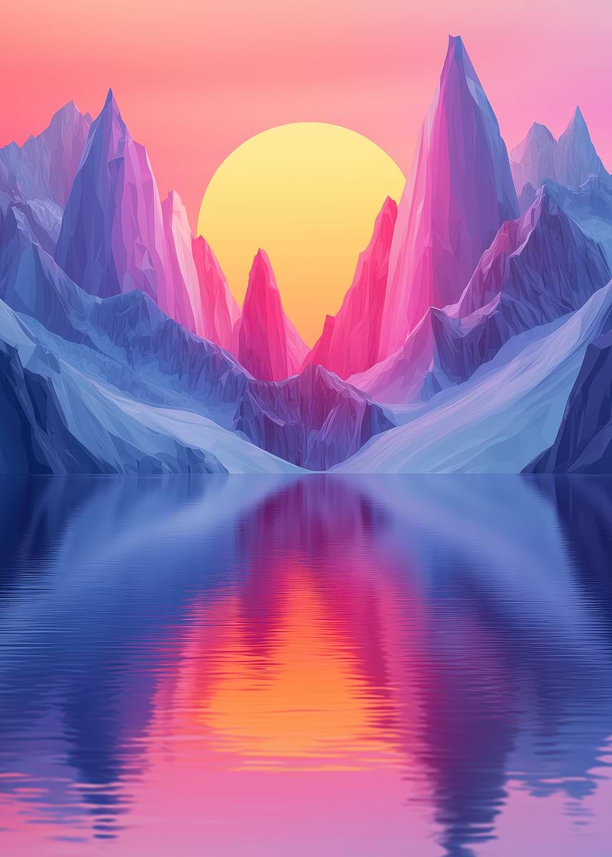 'Low Poly Mountain Sunset Reflection Landscape' Poster, picture, metal ...