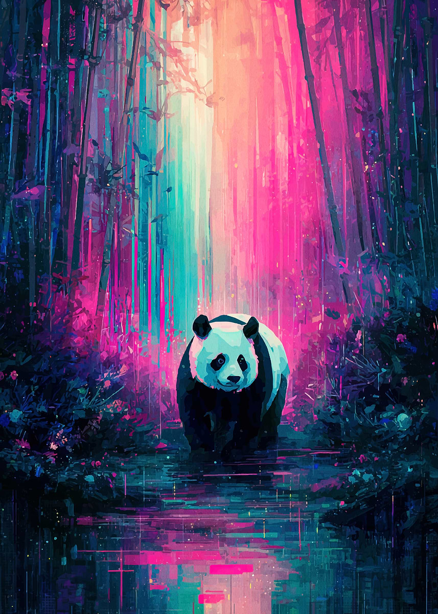 'Panda in a Colorful Bamboo Forest' Poster, picture, metal print, paint ...
