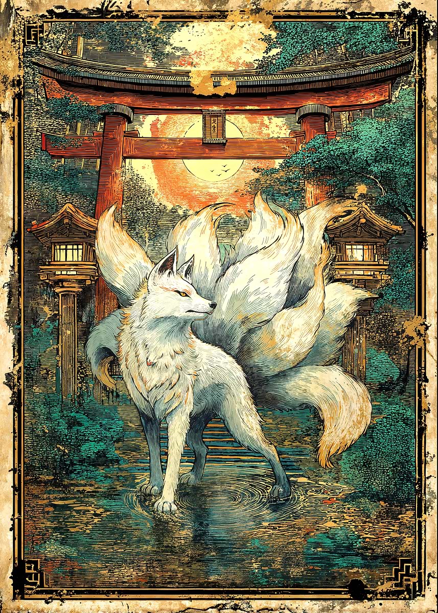 'Nine Tails Under the Torii Sunset' Poster, picture, metal print, paint ...
