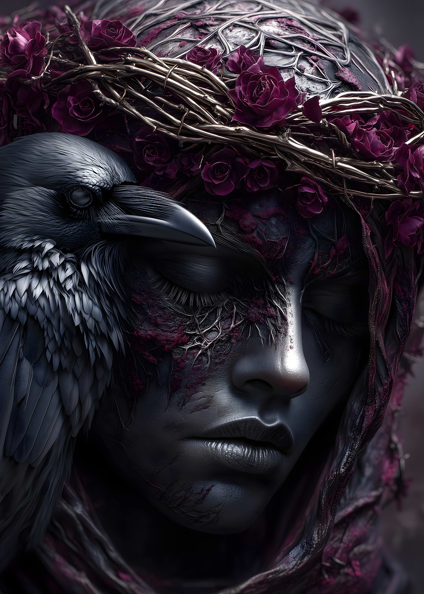 'Raven and Woman with Floral Crown' Poster, picture, metal print, paint ...