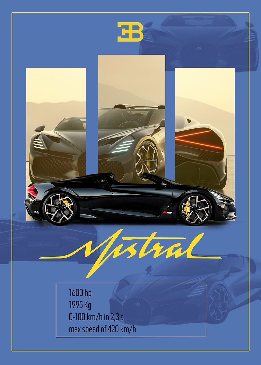 'Bugatti Mistral Car Advertisement Poster' Poster, picture, metal print ...