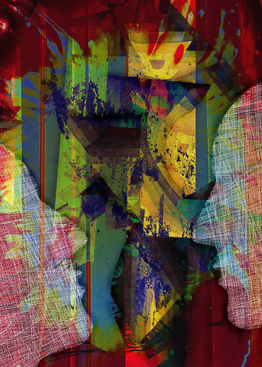 'Abstract Faces with Geometric Overlays' Poster, picture, metal print ...