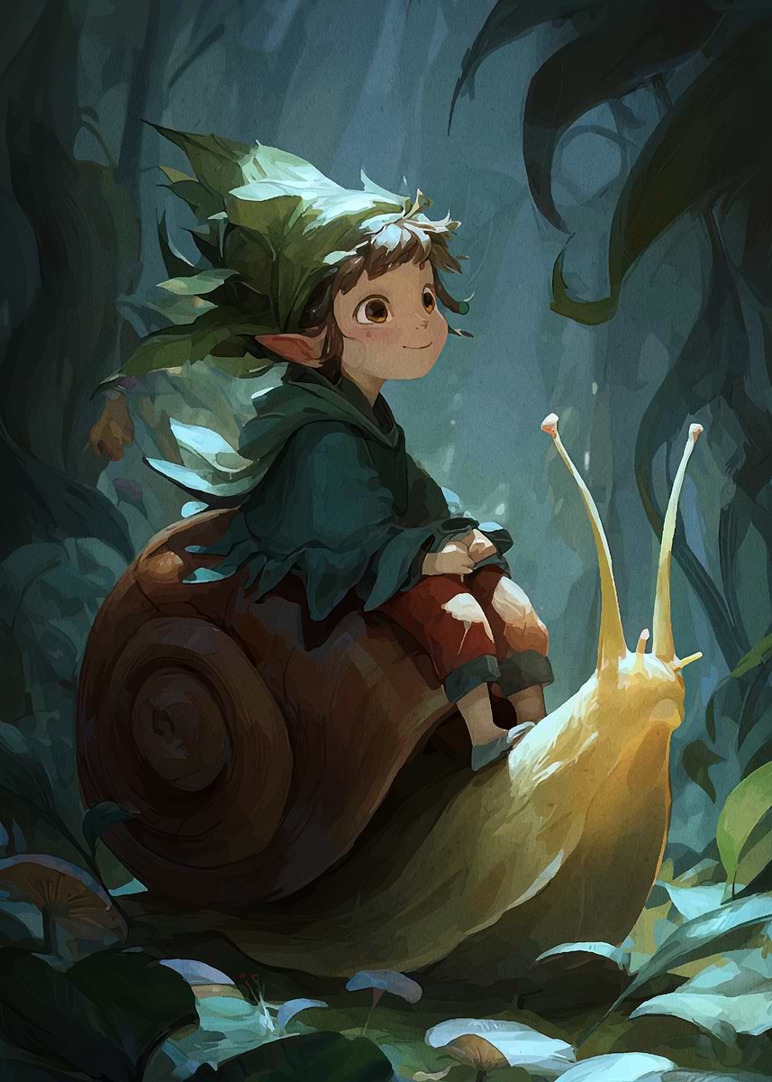 'Elf Riding a Snail' Poster, picture, metal print, paint by Lilli ...