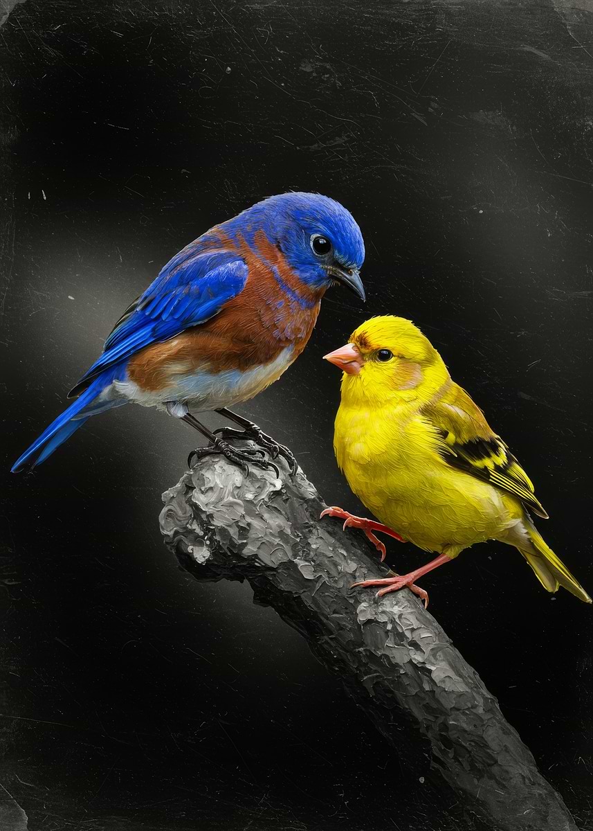 'Bluebird and Yellow Bird on Branch' Poster, picture, metal print ...