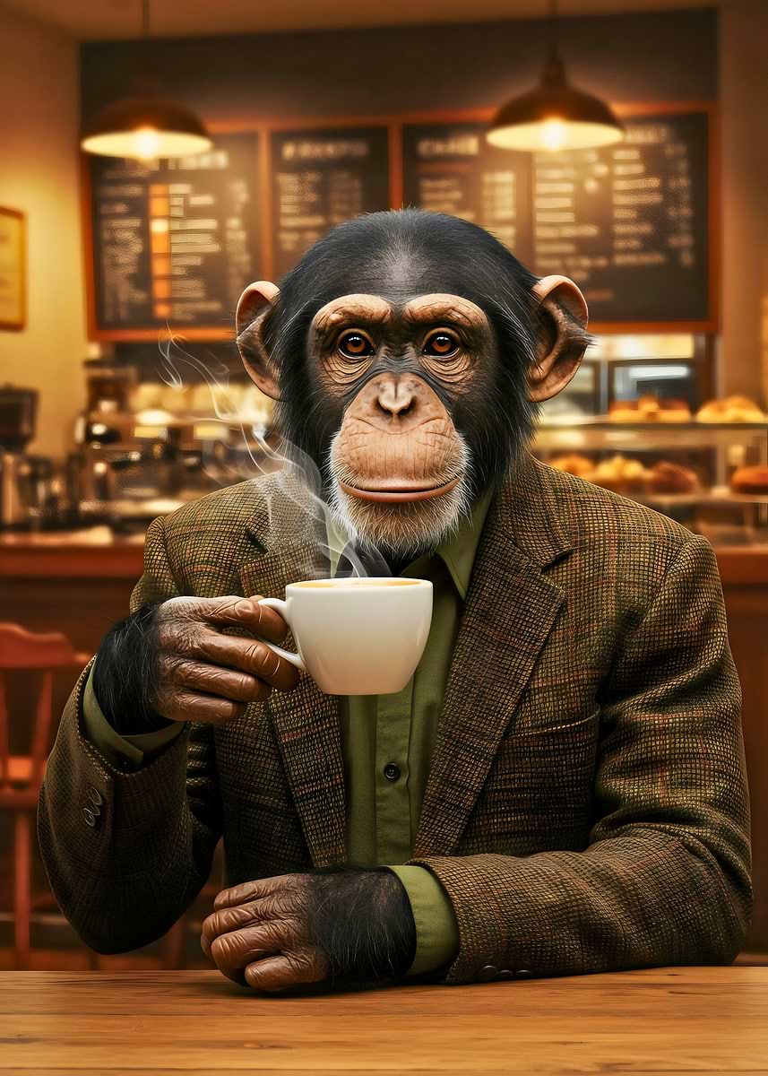'Chimpanzee in Suit Drinking Coffee' Poster, picture, metal print ...