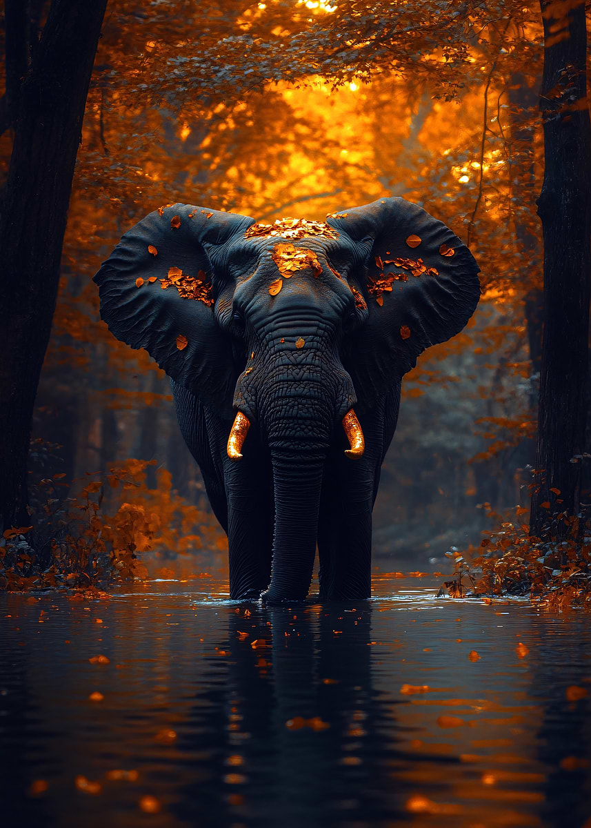 'Elephant in Autumn Forest Lake' Poster, picture, metal print, paint by ...