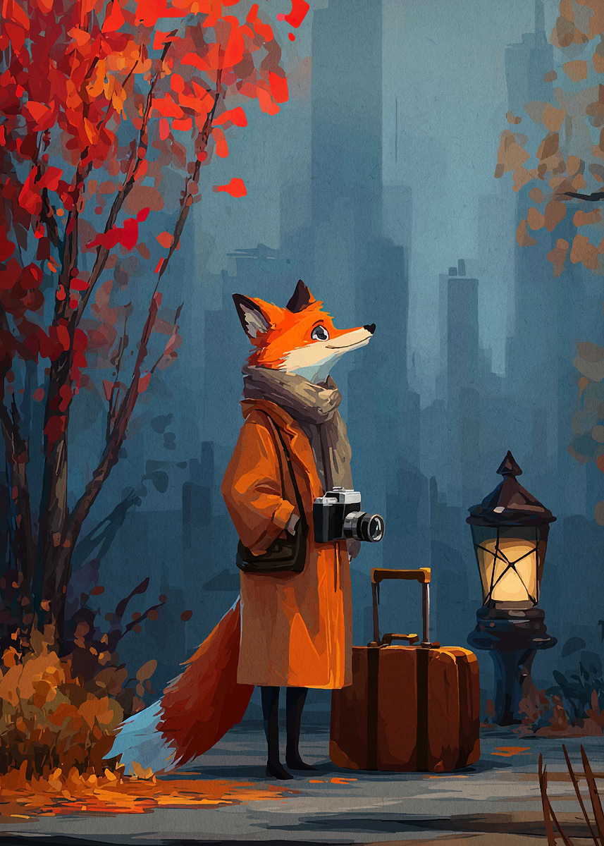'Fox Traveler in Autumn Cityscape' Poster, picture, metal print, paint ...