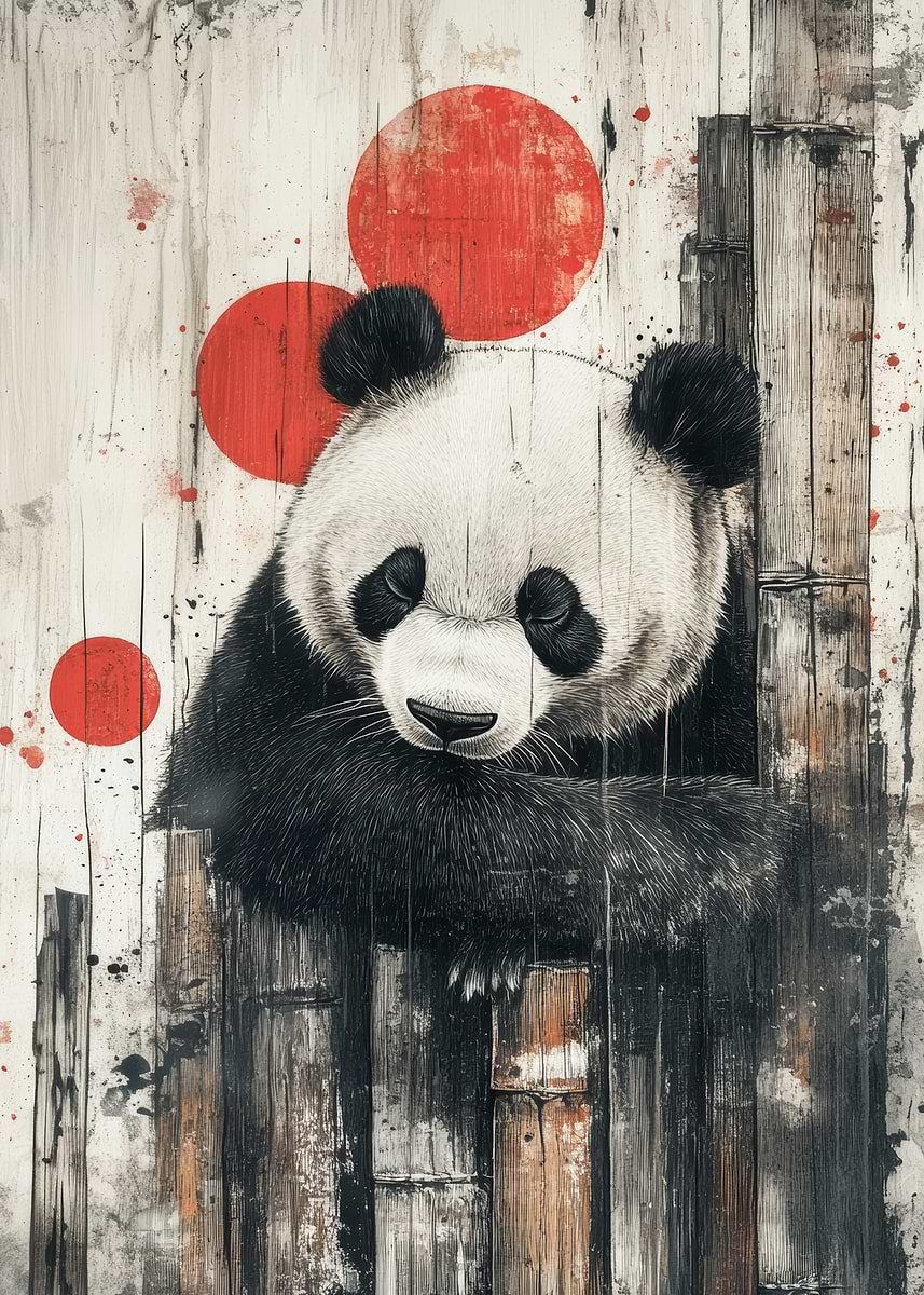 'Panda with Red Circles | Panda Rustic Wall Art' Poster, picture, metal ...