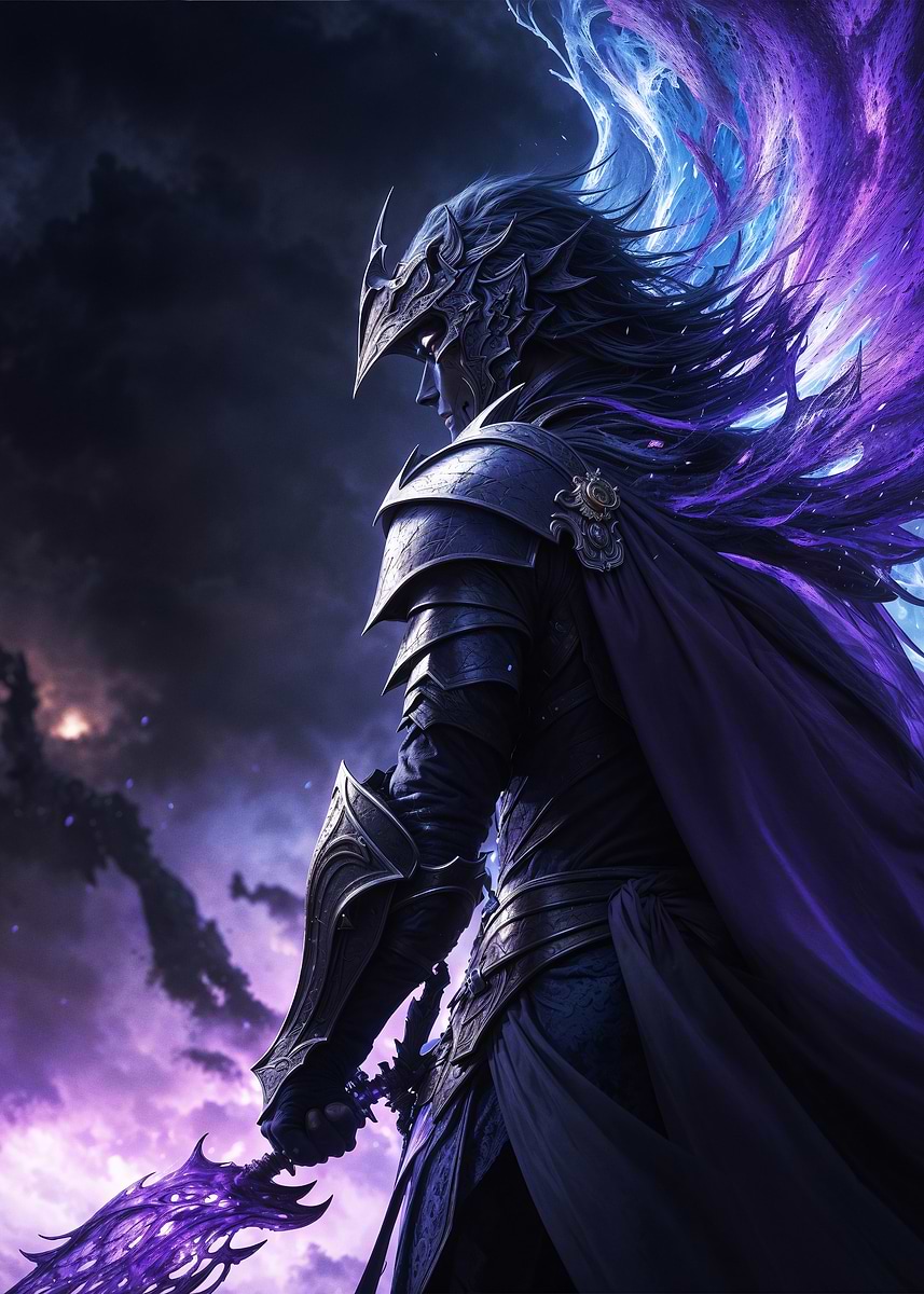 'Dark Fantasy Knight with Mystical Purple Sword and Aura' Poster ...