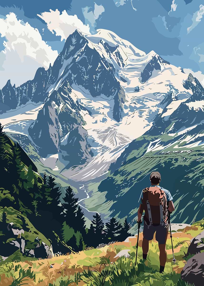 'Hiker in Mountain Landscape Illustration' Poster, picture, metal print ...