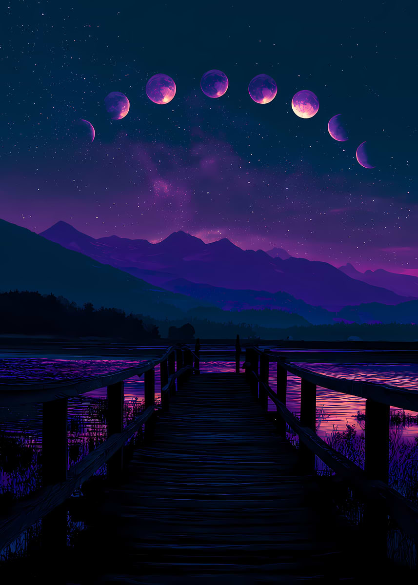 'Moon Phases Over Mountain Lake' Poster, picture, metal print, paint by ...
