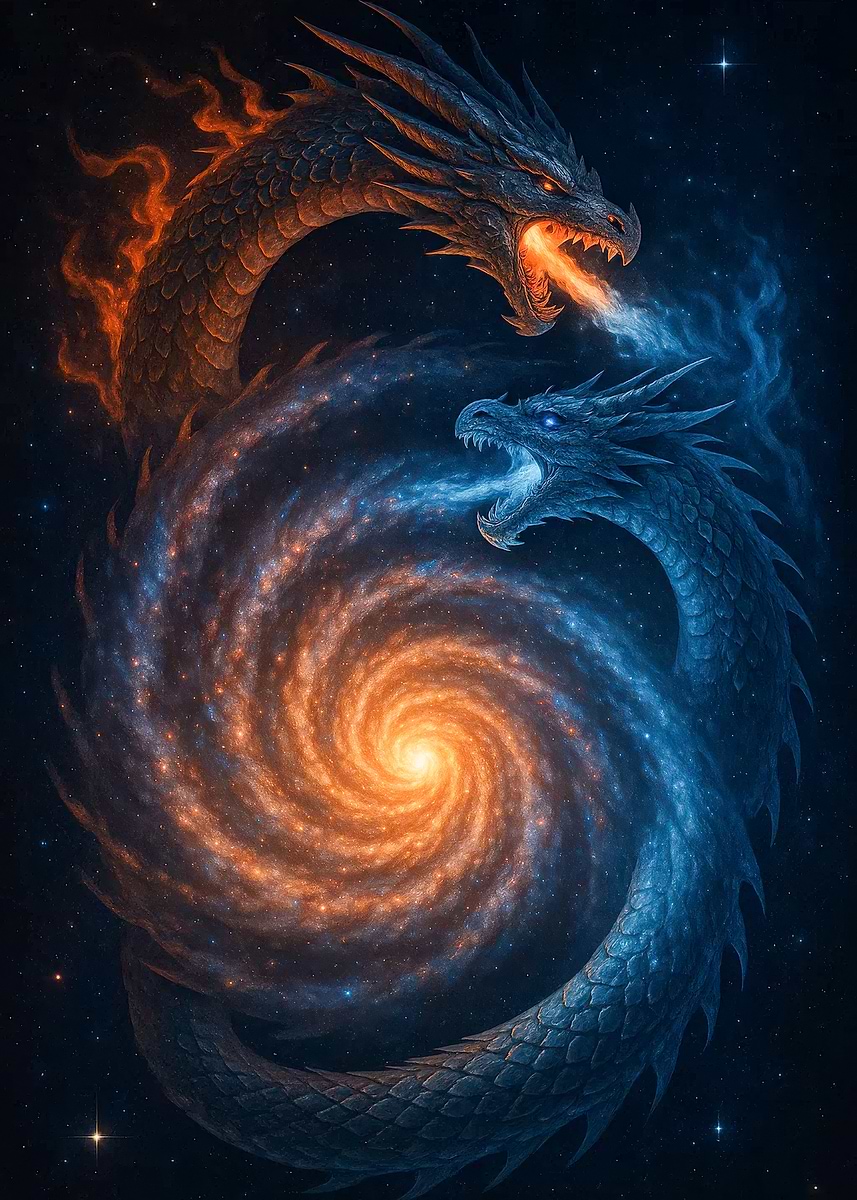 'Cosmic Dragons Confrontation' Poster, picture, metal print, paint by ...