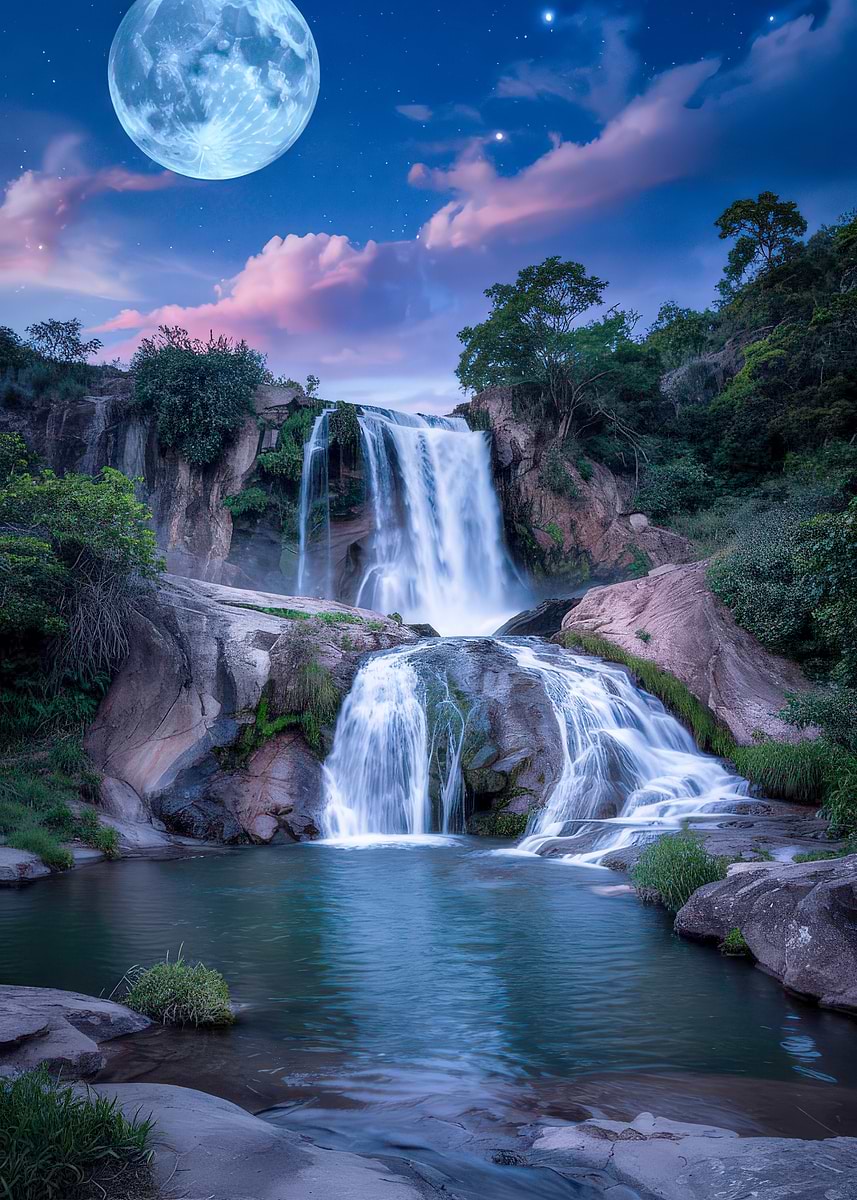 'Moonlit Waterfall Landscape' Poster, picture, metal print, paint by ...