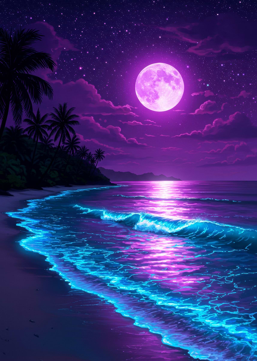 'Purple Moonlit Beach' Poster, picture, metal print, paint by oliver734 ...
