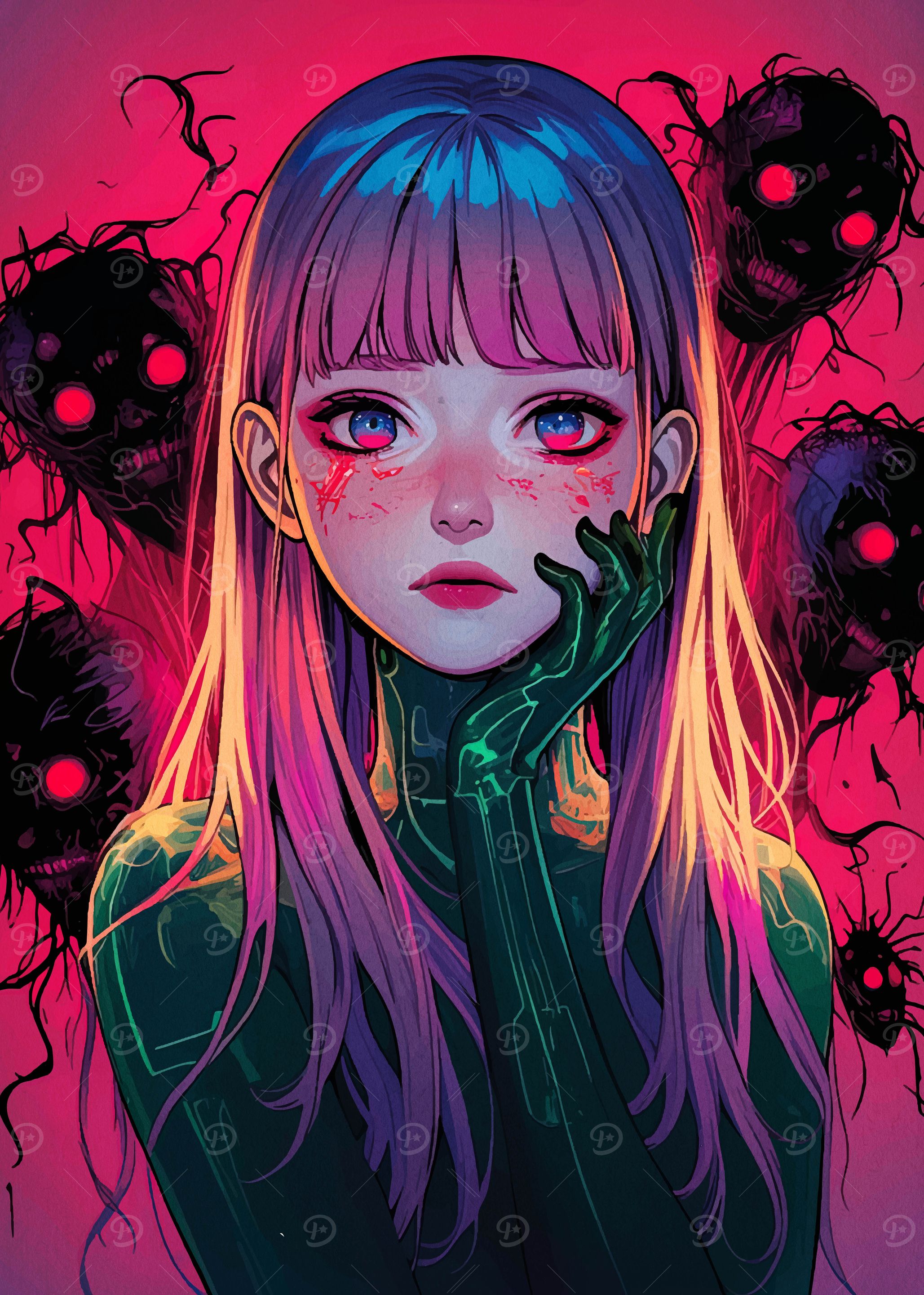 'Anime Girl with Dark Entities' Poster, picture, metal print, paint by ...