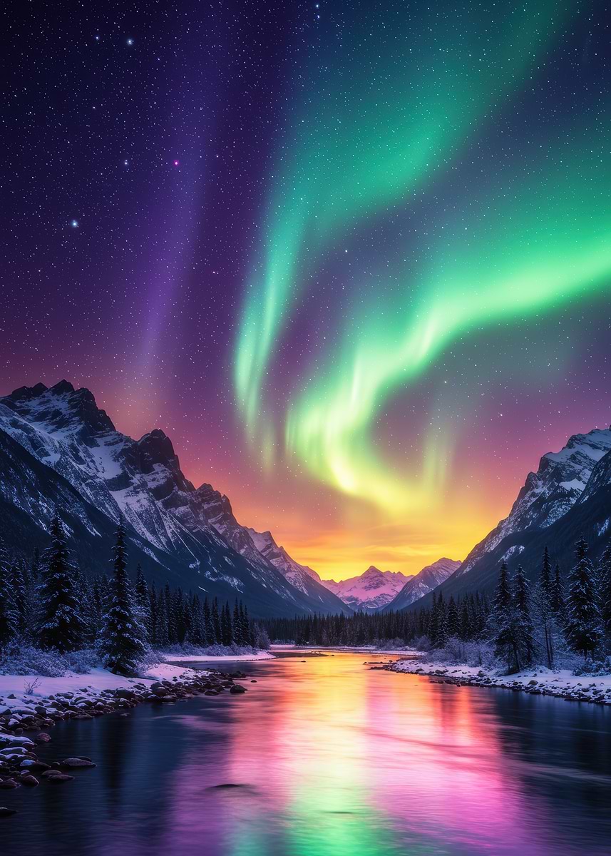 'Aurora Borealis over Mountain River' Poster, picture, metal print ...