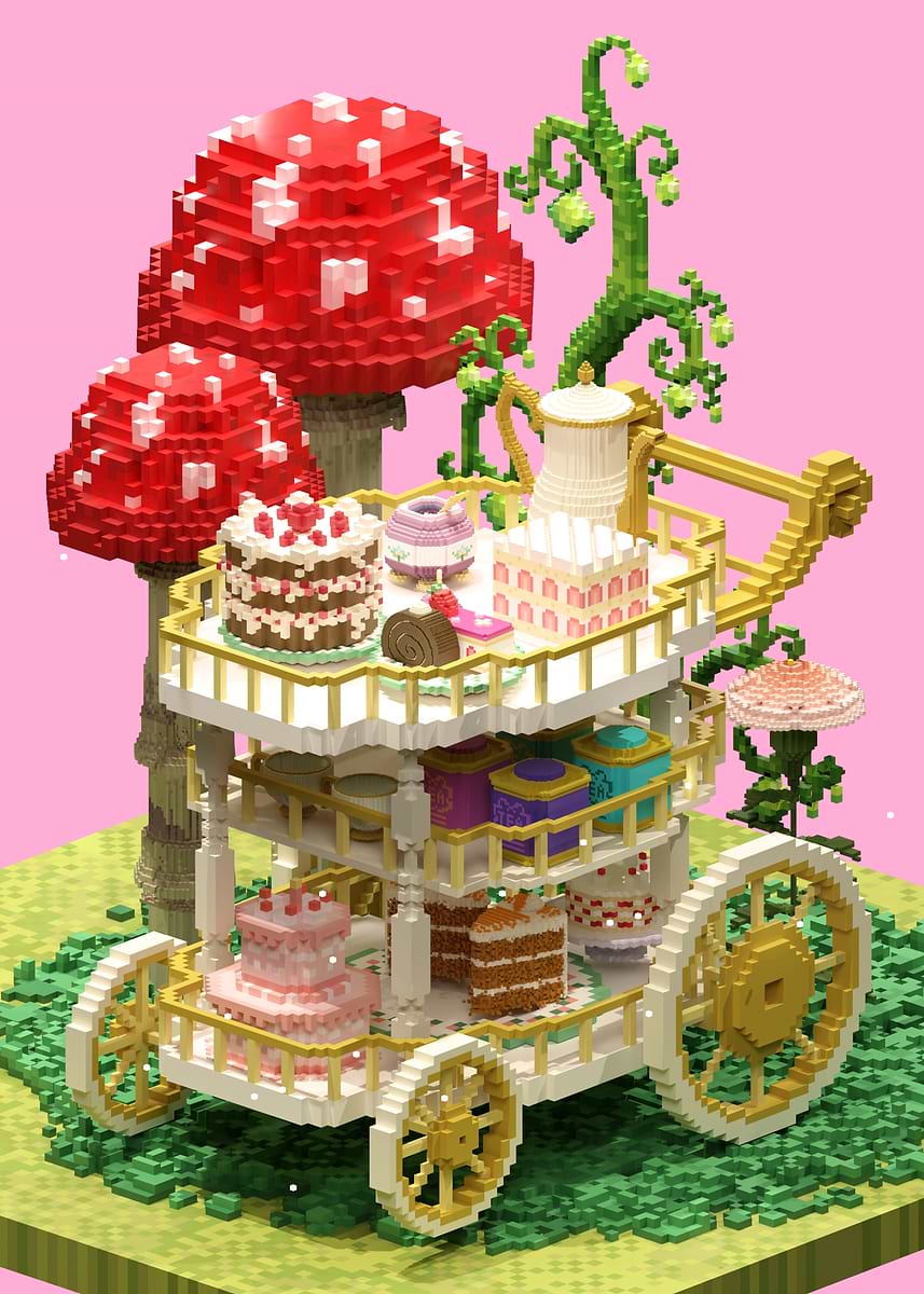 'Voxel Art Tea Cart with Cakes' Poster, picture, metal print, paint by ...