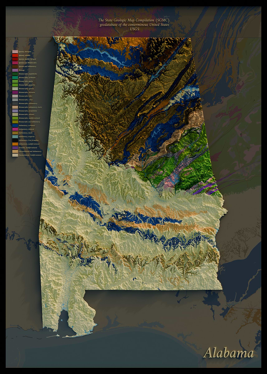'Alabama Geological Map' Poster, picture, metal print, paint by Antoine ...