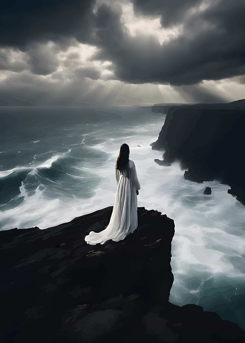 'Woman in white dress on cliff' Poster, picture, metal print, paint by ...