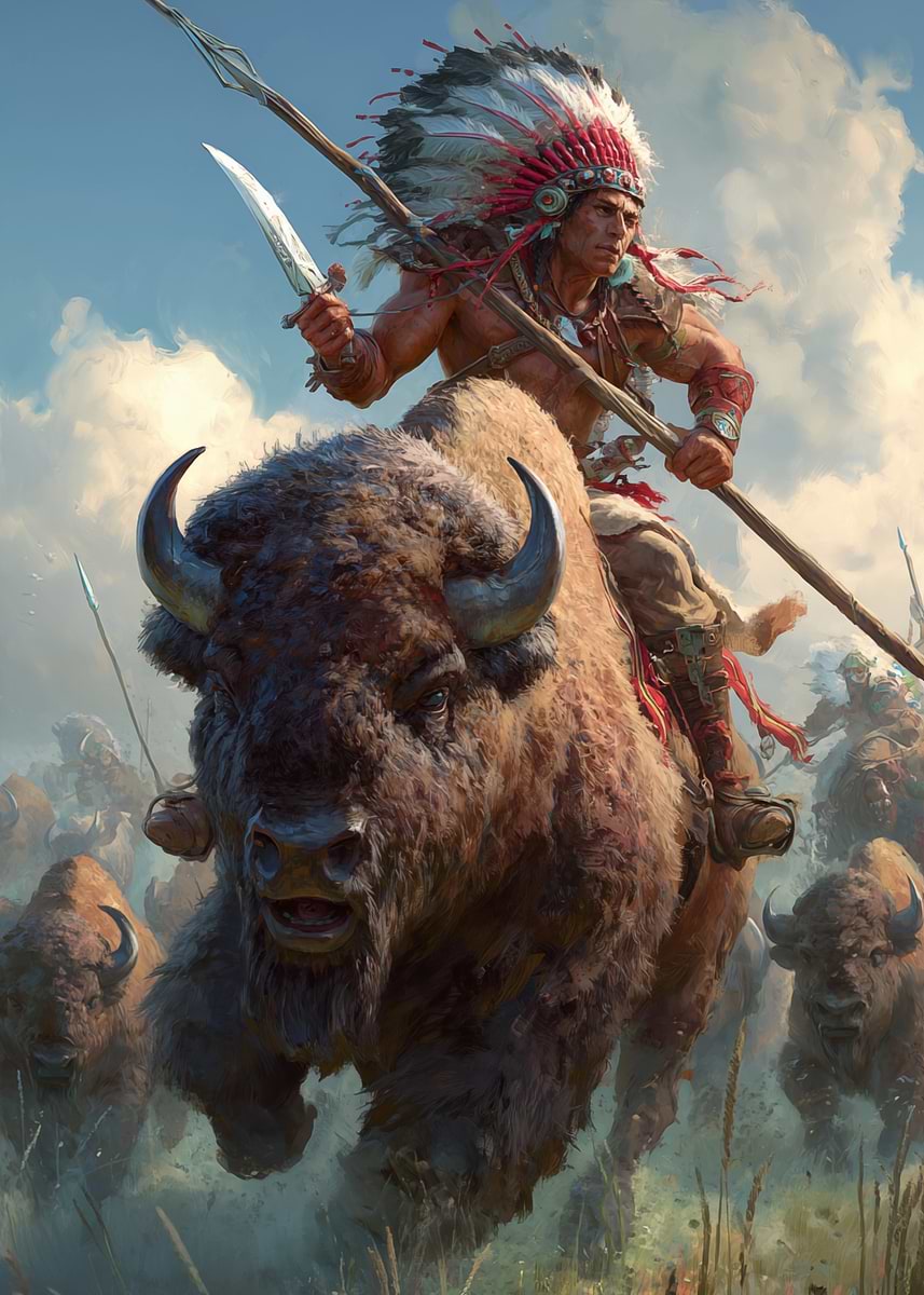 'Native American on Buffalo' Poster, picture, metal print, paint by ...