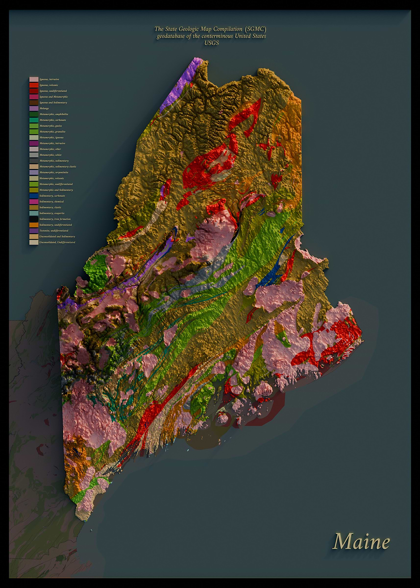 'Maine Geologic Map' Poster, picture, metal print, paint by Antoine ...