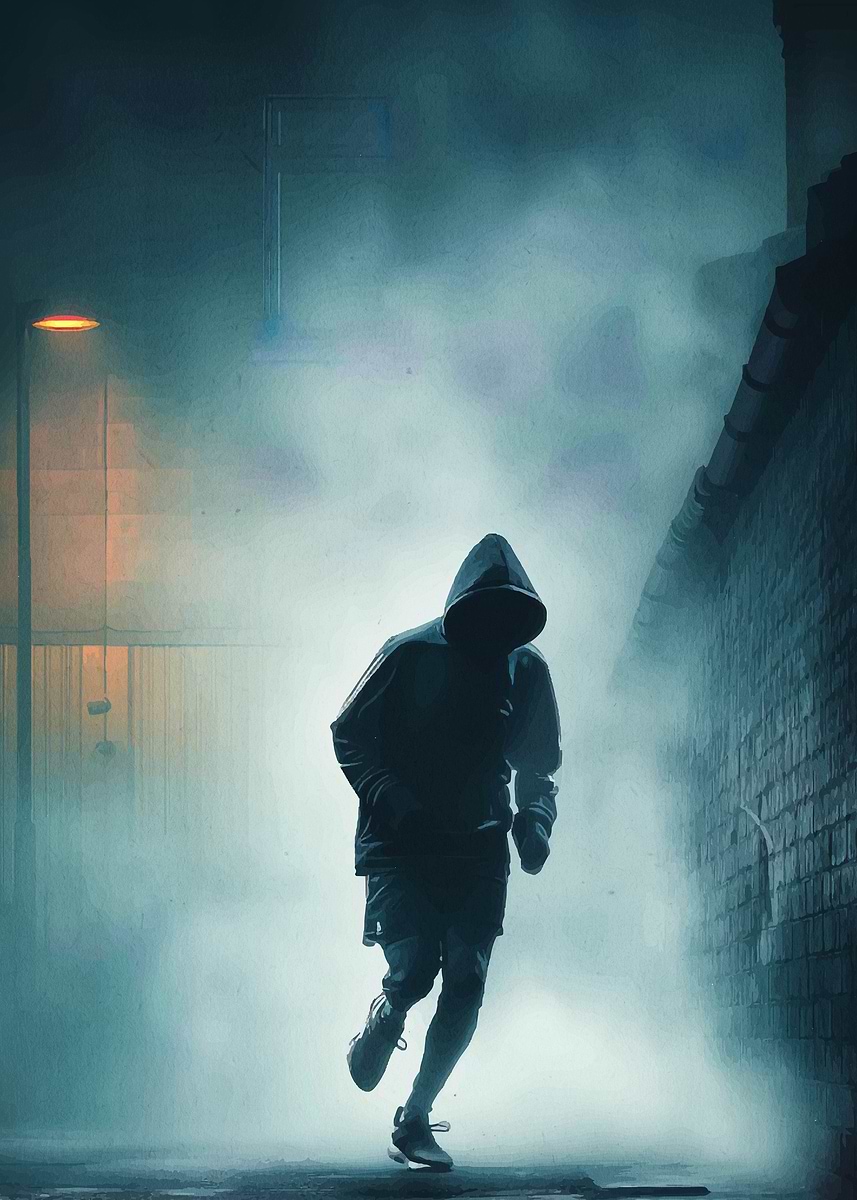 'Hooded Figure Running in Fog' Poster, picture, metal print, paint by ...