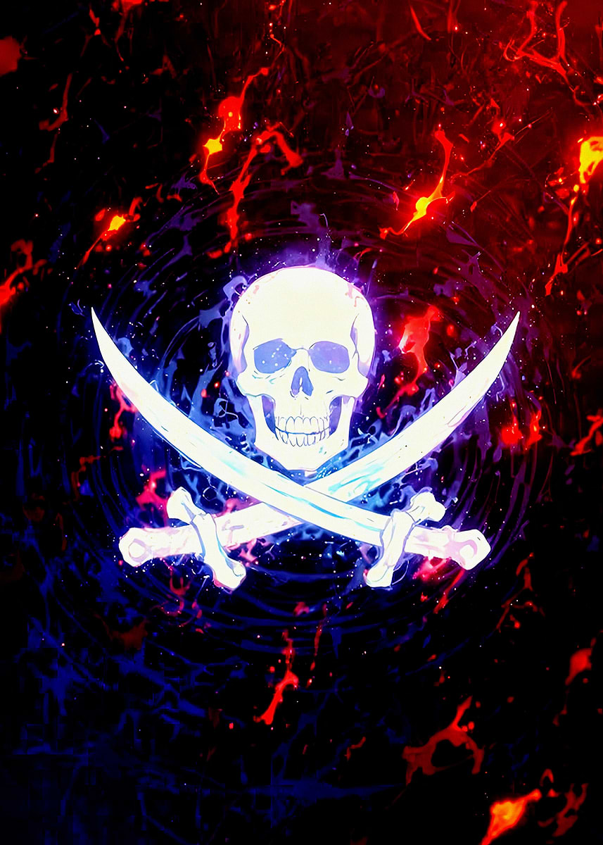 'Skull and Cross Swords with Flames' Poster, picture, metal print ...