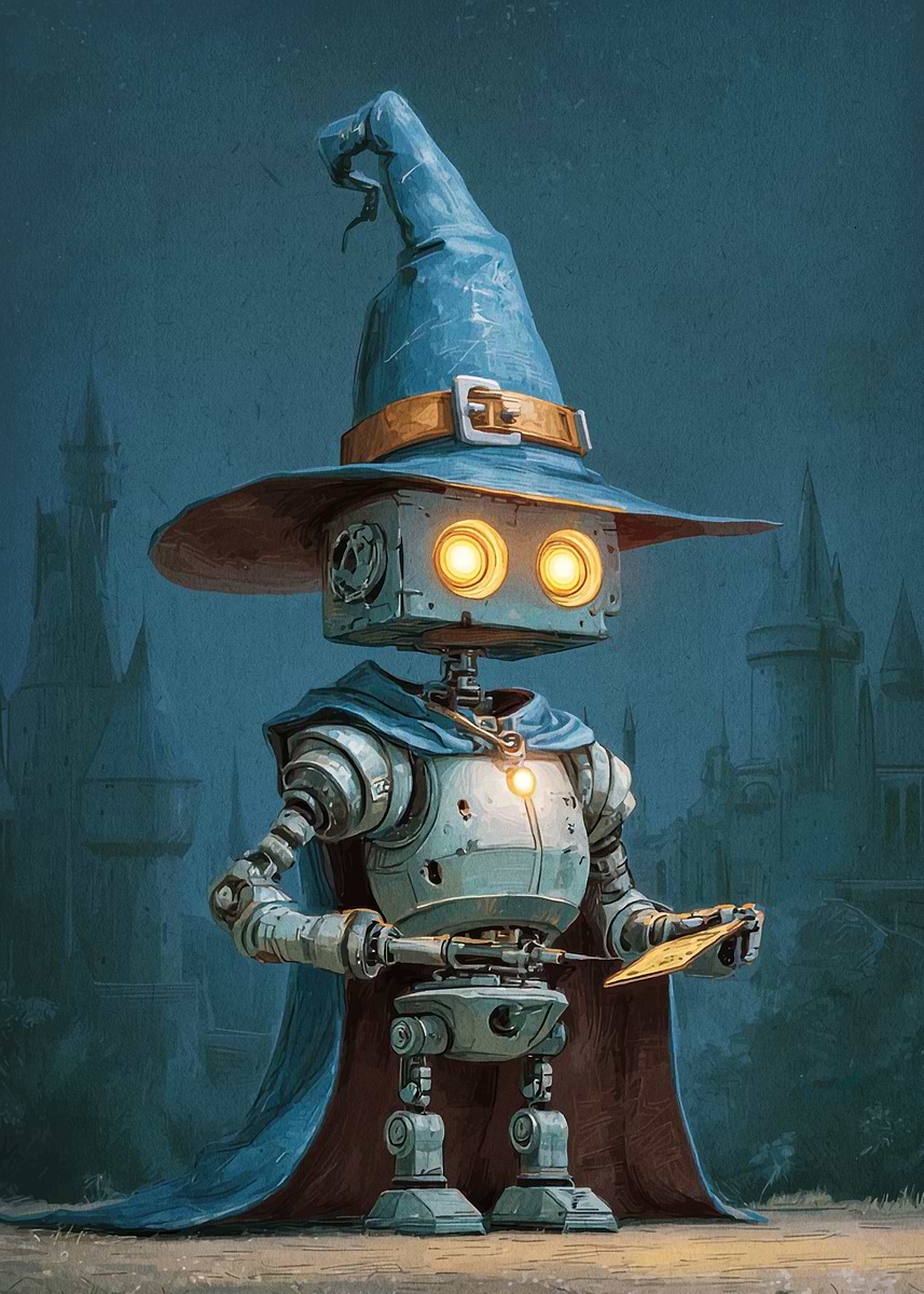 'Robot Wizard with Magic Scroll' Poster, picture, metal print, paint by ...