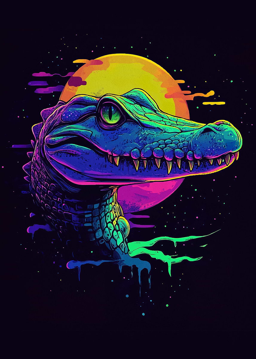 'Neon Alligator Head Moon' Poster, picture, metal print, paint by ...