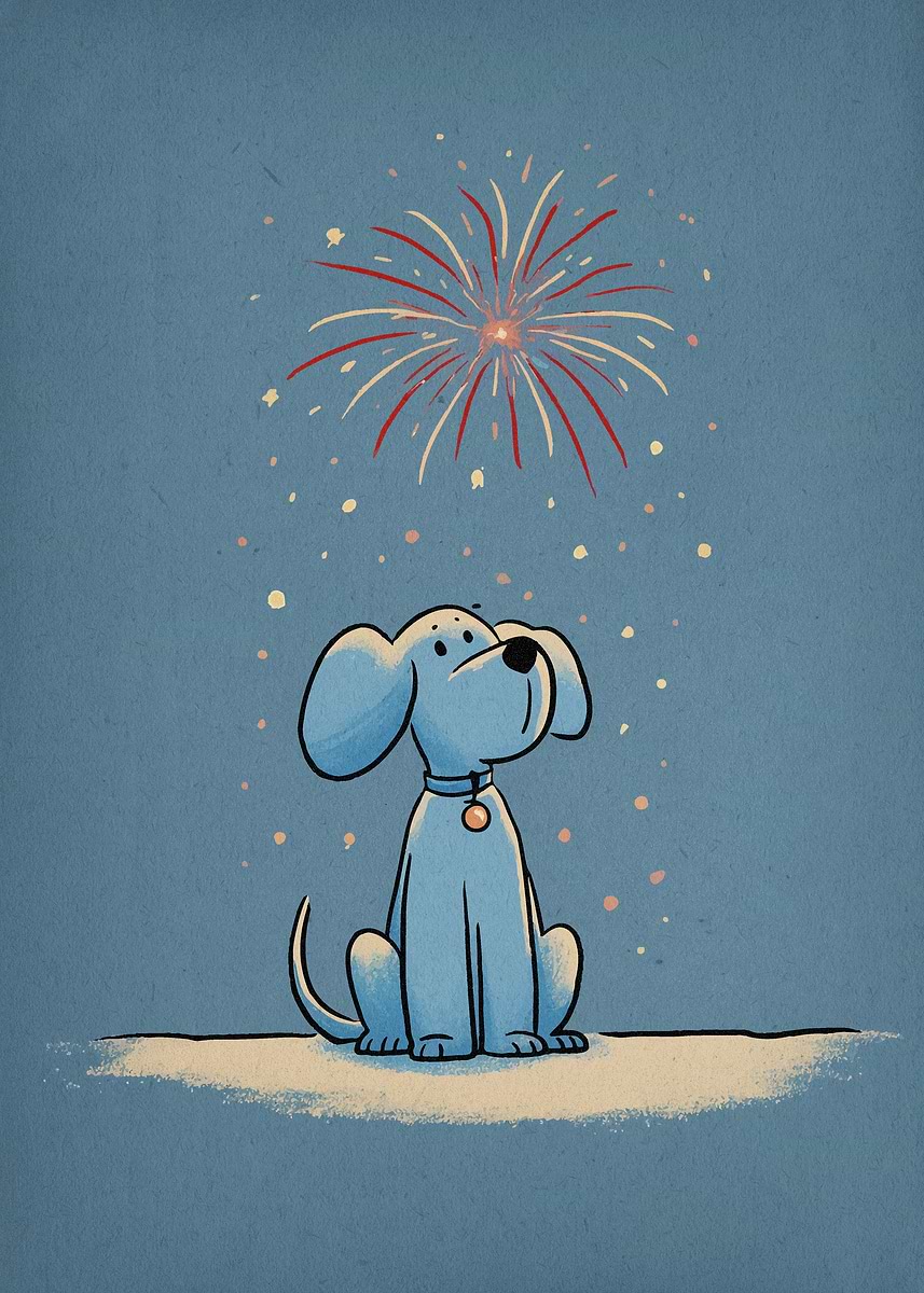 'Cartoon Dog Watching Fireworks' Poster, picture, metal print, paint by ...
