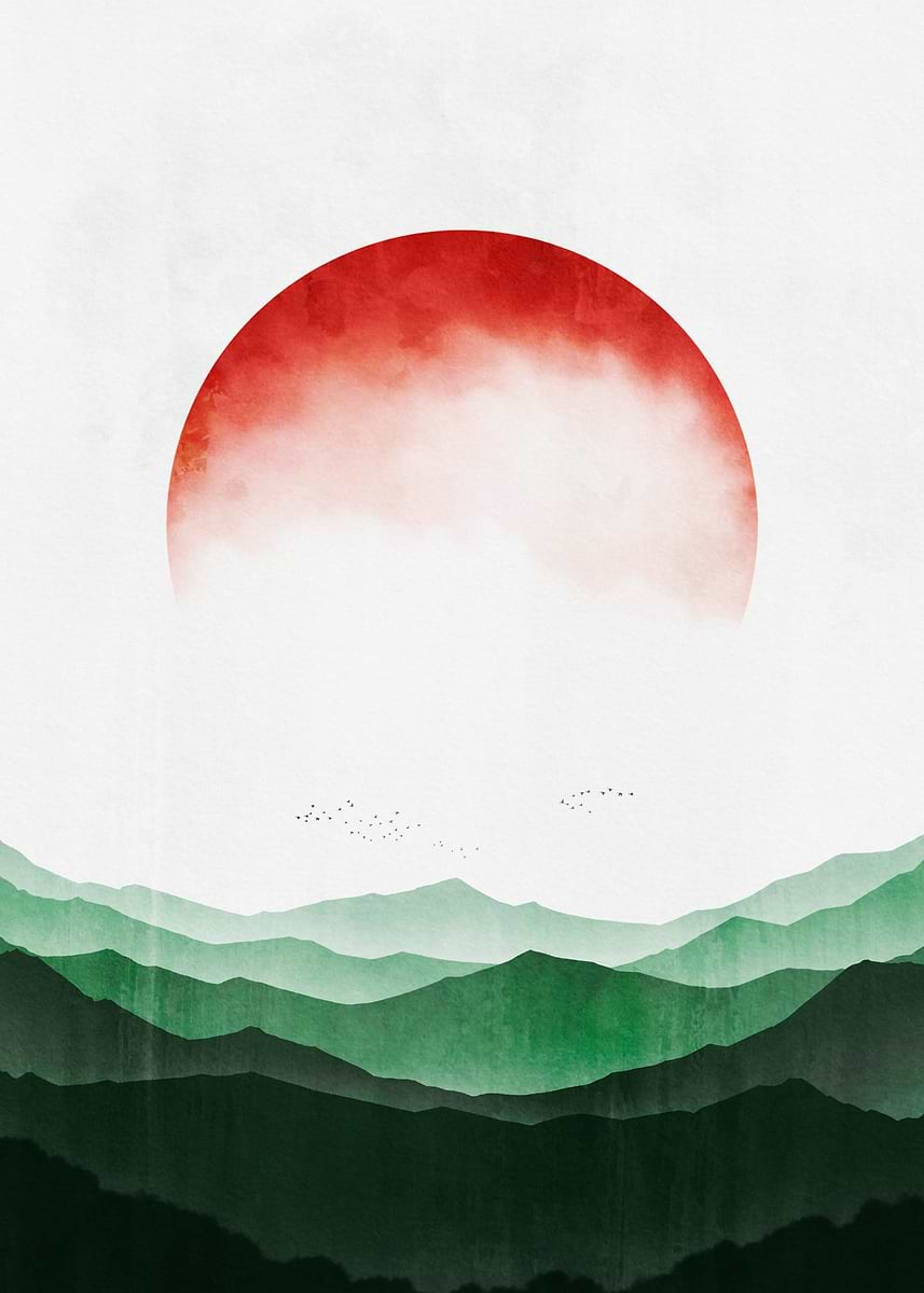 'Red Sun Over Green Mountains' Poster, picture, metal print, paint by ...